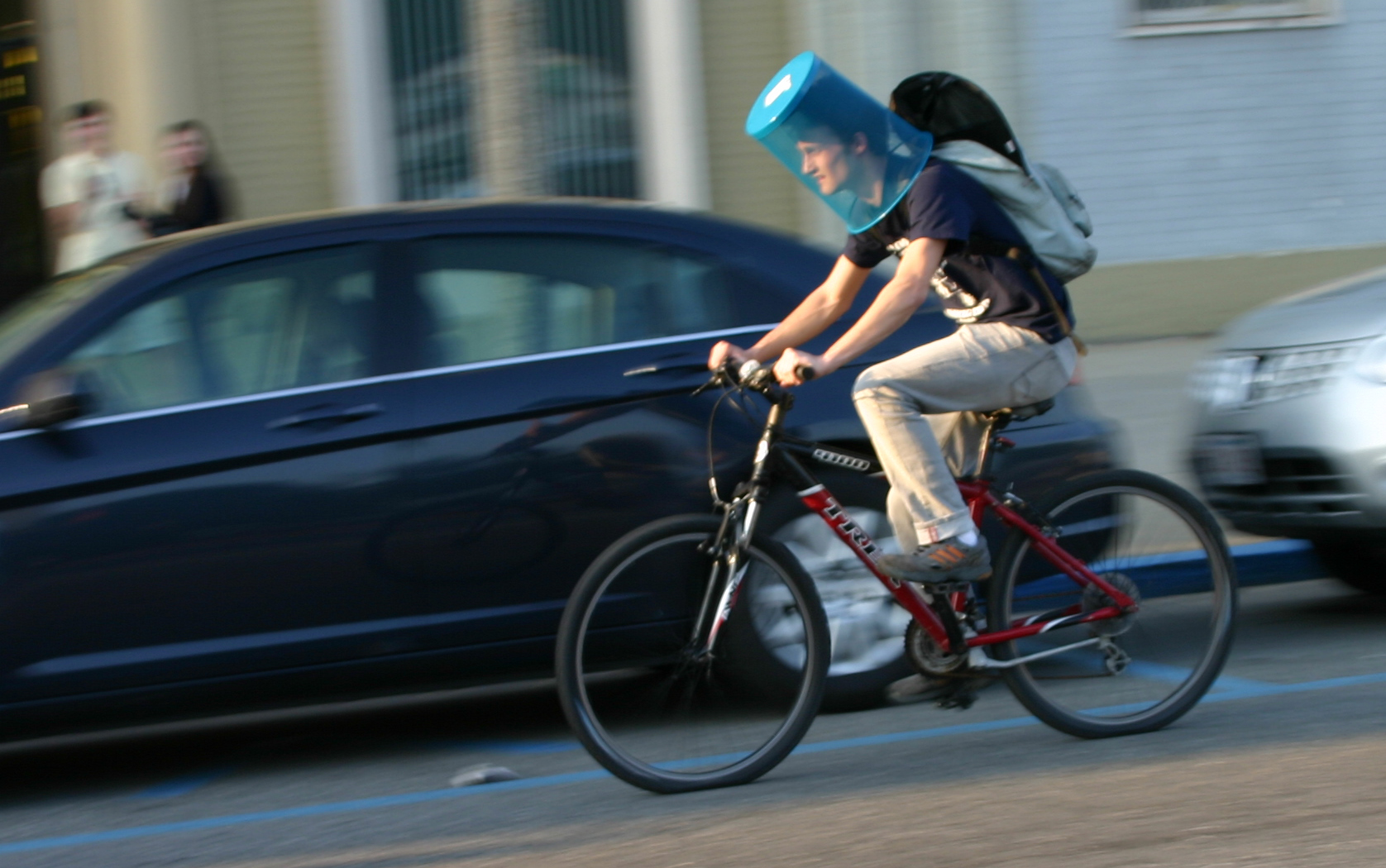 Student with Trash Can Helmet | Montague Bikes